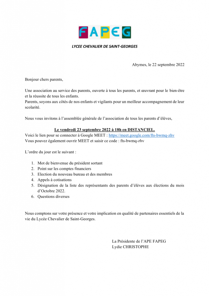 Invitation à l’assemblée générale de l’association des parents d’élèves ...
